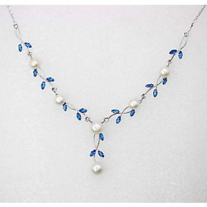 Faship Gorgeous Blue CZ Crystal Genuine Freshwater Pearls Floral Necklace Earrings Set - Blue