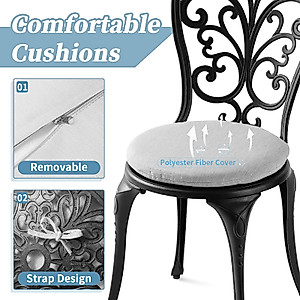 Withniture 3 Piece Bistro Patio Set Cast Aluminum Bistro Table and Chairs Set of 2 with Cushion,Outdoor Bistro Table Set with Umbrella Hole,All Weather Patio Furniture Set for Garden,Black