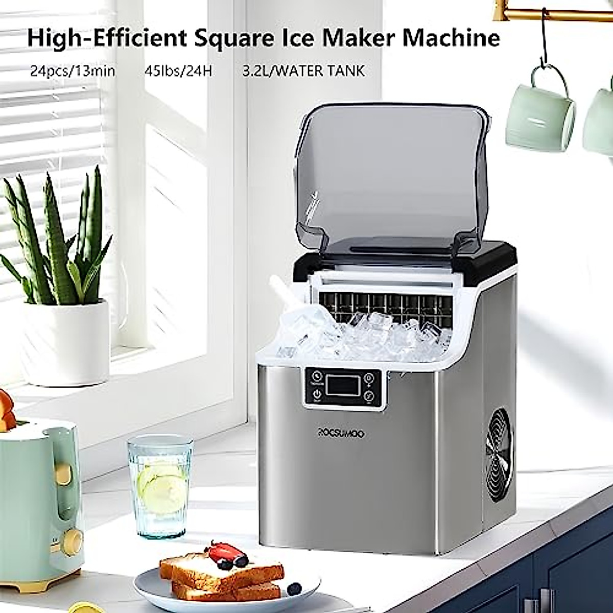 Countertop Ice Maker Countertop Ice Cube Maker Machine 2 Add Water Ways 24Pcs/13Mins, 45Lbs/24H, Self-Cleaning Portable Ice Maker with Ice Scoop & Basket Suitable for Your Home Kitchen and Bar Party
