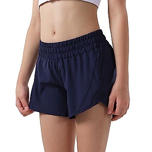 Aurefin Girls Athletic Shorts, Quick Dry Running Shorts for Kids Teen Girls Active Sports Track Shorts with Zip Pocket Liner Navy Blue/XS