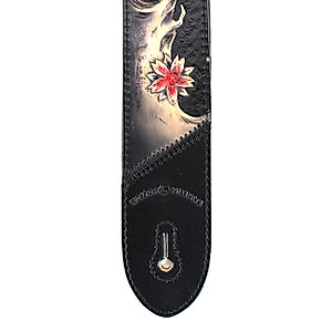 Walker And Williams KB-24 Black & Ruby Red 2" Premium Carved Grain Leather Guitar Strap With Koi Fish Design For Acoustic, Electric, And Bass Guitars