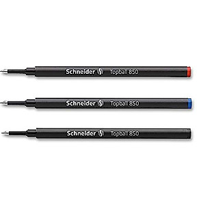 Schneider Topball 850, 0.5 mm Rollerball Refills - 3/pk, 1 each of Red, Black & Blue (Bulk Packed)