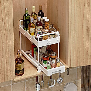 SOLEJAZZ 2-Tier Under Sink Organizer, Under Bathroom Sink Cabinet Sliding Under Sink Storage Organization, Multi-purpose Kitchen Shelf with Hooks, Hanging Cup, White