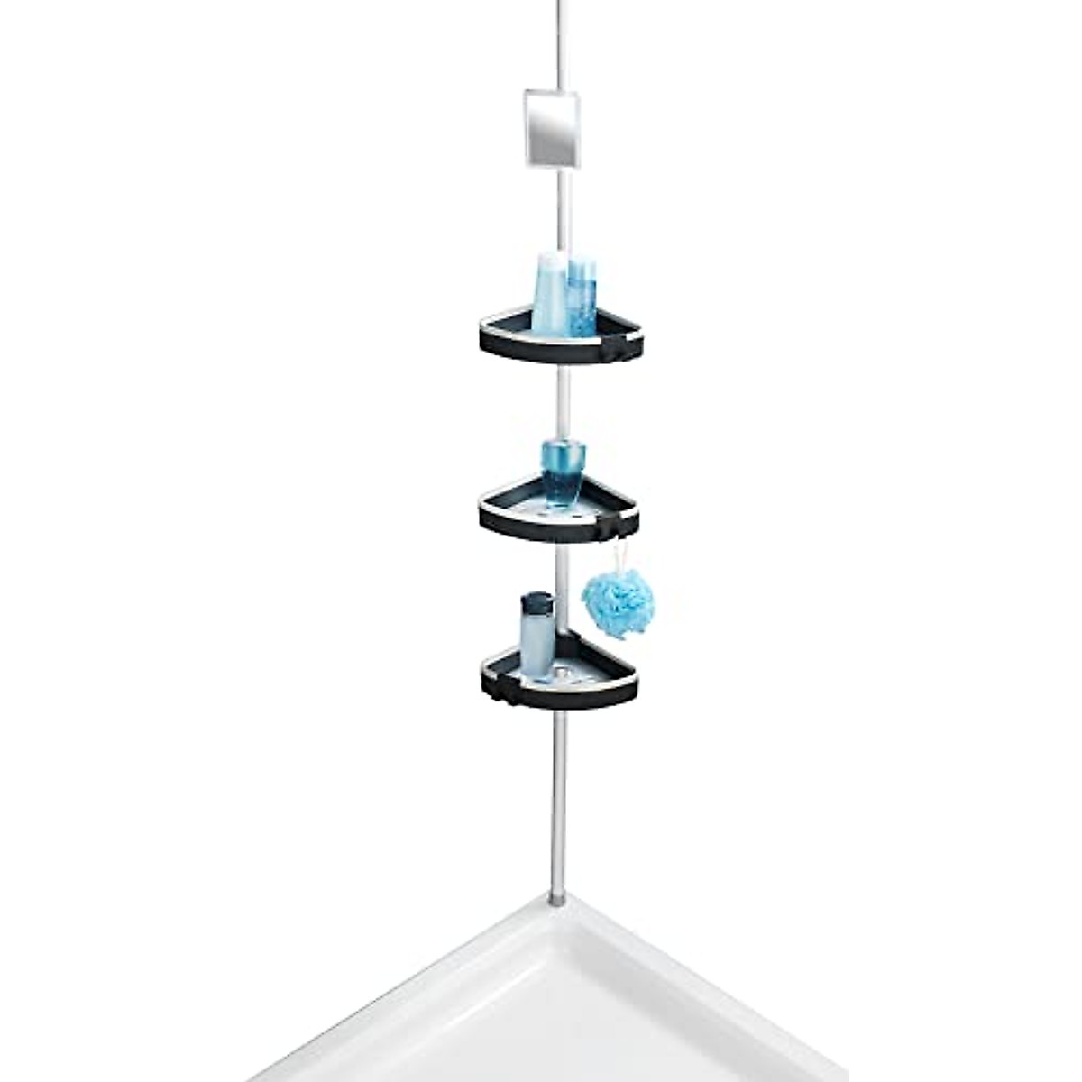 WENKO Tension Corner Shower Caddy 3 Pole and Baskets für Shampoo, Conditioner, Soap with Hooks for Razors, Towels, Blue