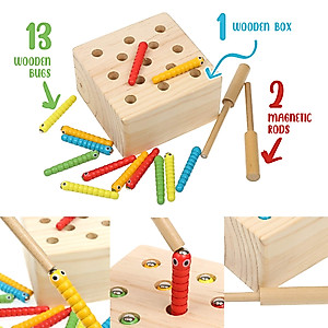 Boxiki kids Wooden Montessori Toys for Babies, Toddlers & Kids, Fine Motor Skills, Magnetic Worm Game for 3 Years Old
