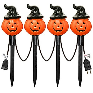 Halloween Decorations Outdoor C7 Halloween Pumpkin Pathway Stake Lights, 7Ft Jack-o-Lantern Garden Stakes with 4 C7 Bulbs, Halloween Pathway String Lights for Outdoor Garden Walkway Party Lighting