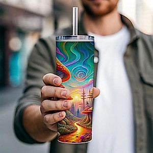 Psychedelic Lots of Mushrooms Vibrant Colors Skinny Tumbler 20oz with Straw Insulated Water Bottle Gift