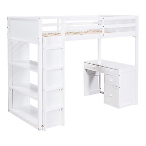 BIADNBZ Wooden Twin Size Loft Bed with Large Shelves Storage and Desk w/Built-in Drawers, Multifunctional LoftBed Frame w/Ladder for Kids Teens Adults Bedroom, White
