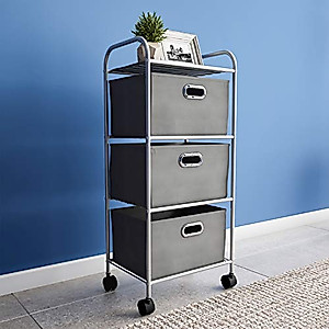 Rolling 3 Drawer Cart - Fabric Bin Storage Cart with Wheels and Metal Frame Closet Drawers for Clothes, Home, or Office by Lavish Home (Gray)