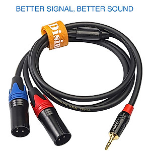 Disino 1/8 Inch to Dual XLR Male Y-Splitter Cable,Unbalanced 3.5mm Mini Jack TRS Stereo to Double Male XLR Adapter Interconnect Breakout Patch Cord - 6.6 Feet/2 Meters