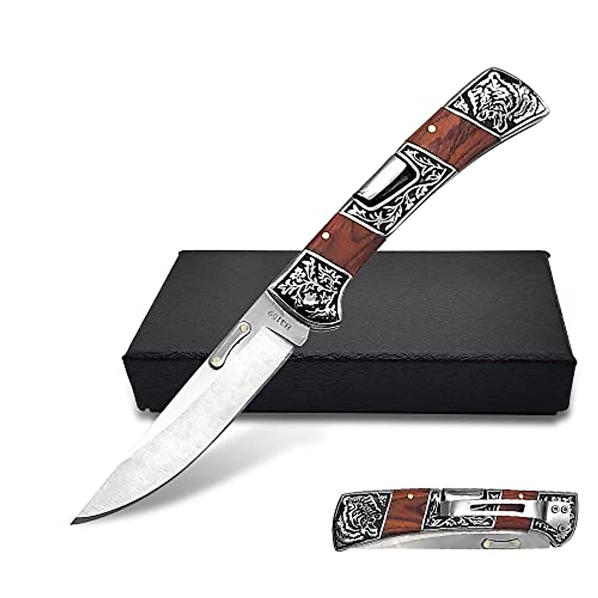 FU-GLBY Classical Folding Pocket Knife with clipCollection Engraved Bolsters Tactical Survival Knife Elegent EDC Knife for Men (red wood)