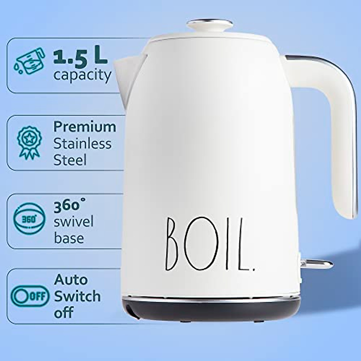 Rae Dunn Electric Water Kettle - Stainless Steel Coffee Maker, 1.7 Liter Tea Kettle, Electric Hot Water Kettle with Automatic Shut Off Boil-Dry Protection, 1500 Watt Boiling Power (Cream)