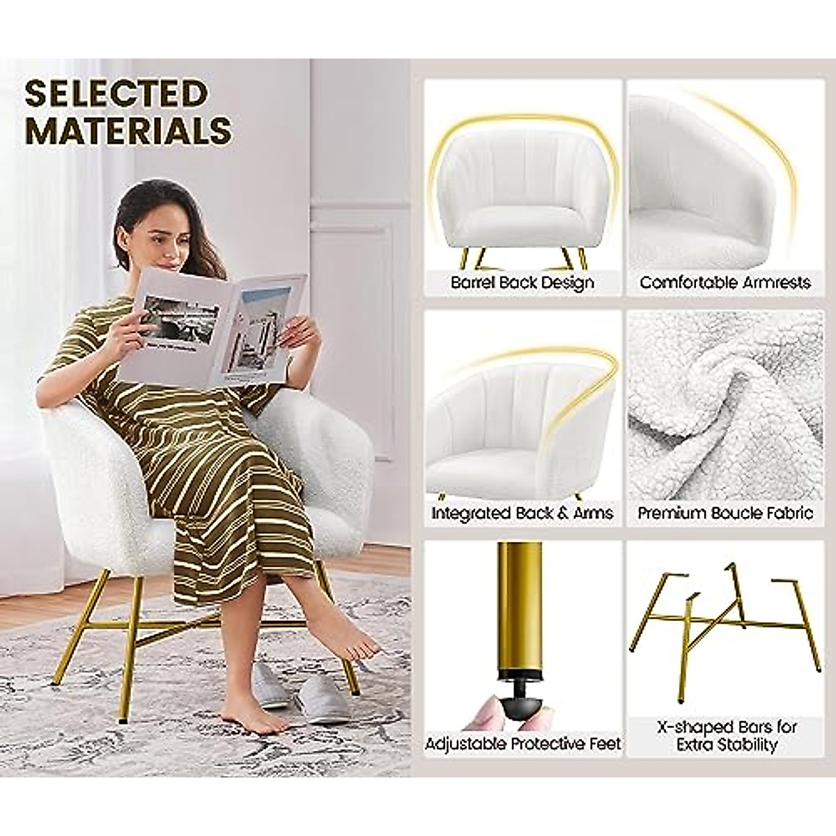 Yaheetech Boucle Barrel Chair, Modern Living Room Chair with Metal Legs and Soft Padded, Comfy Side Chair for Bedroom/Office/Study/Waiting Room, White