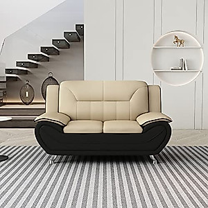 US Pride Furniture Michael Collection Modern Style Faux Leather Couch-Versatile 2 Seater Accent Piece for Living Room, Bedroom or Office-Comfortable Design and Elegant Look, 61.3 Loveseat, Black/Camel