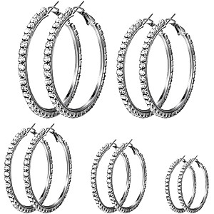 5 Pairs Large Crystal Hoop Earrings Set Big Shiny 3-7 cm Round Party Earrings Lightweight Rhinestone Hoop Earrings for Women Jewelry (Silver)