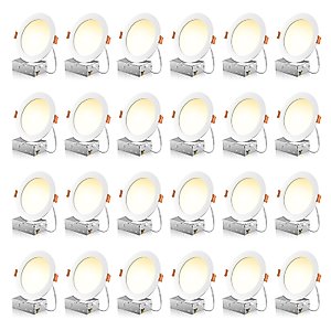 FREELICHT 24 Pack 6 Inch 5CCT Ultra-Thin LED Recessed Ceiling Light with Junction Box, 2700K/3000K/3500K/4000K/5000K Selectable, 1050LM Brightness, Dimmable Canless Wafer Downlight, 12WEqv110W-ETL&FCC