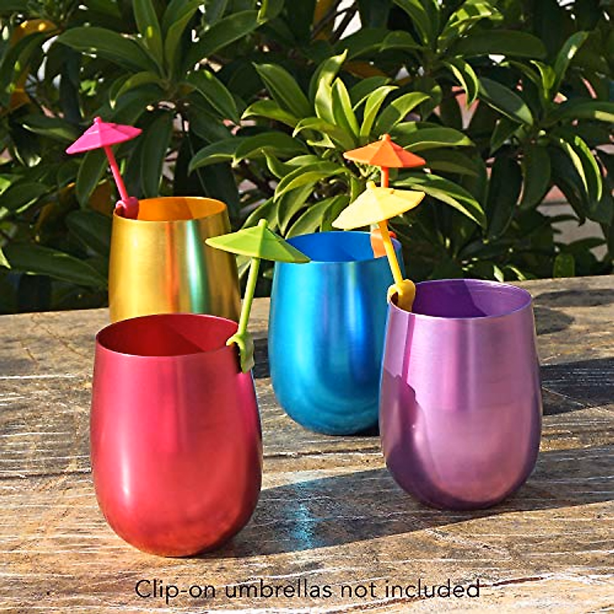 CLW Aluminum Stemless Wine/Old Fashion Glass, Set of 4, 4-Color in a Set (Purple/Blue/Pink/Gold), 12oz (Small)