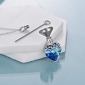 TOUPOP Heart Cremation Jewelry Sterling Silver with Blue Crystal Tree of Life Urn Necklace for Ashes w/Funnel Filler Jewelry Gifts for Women