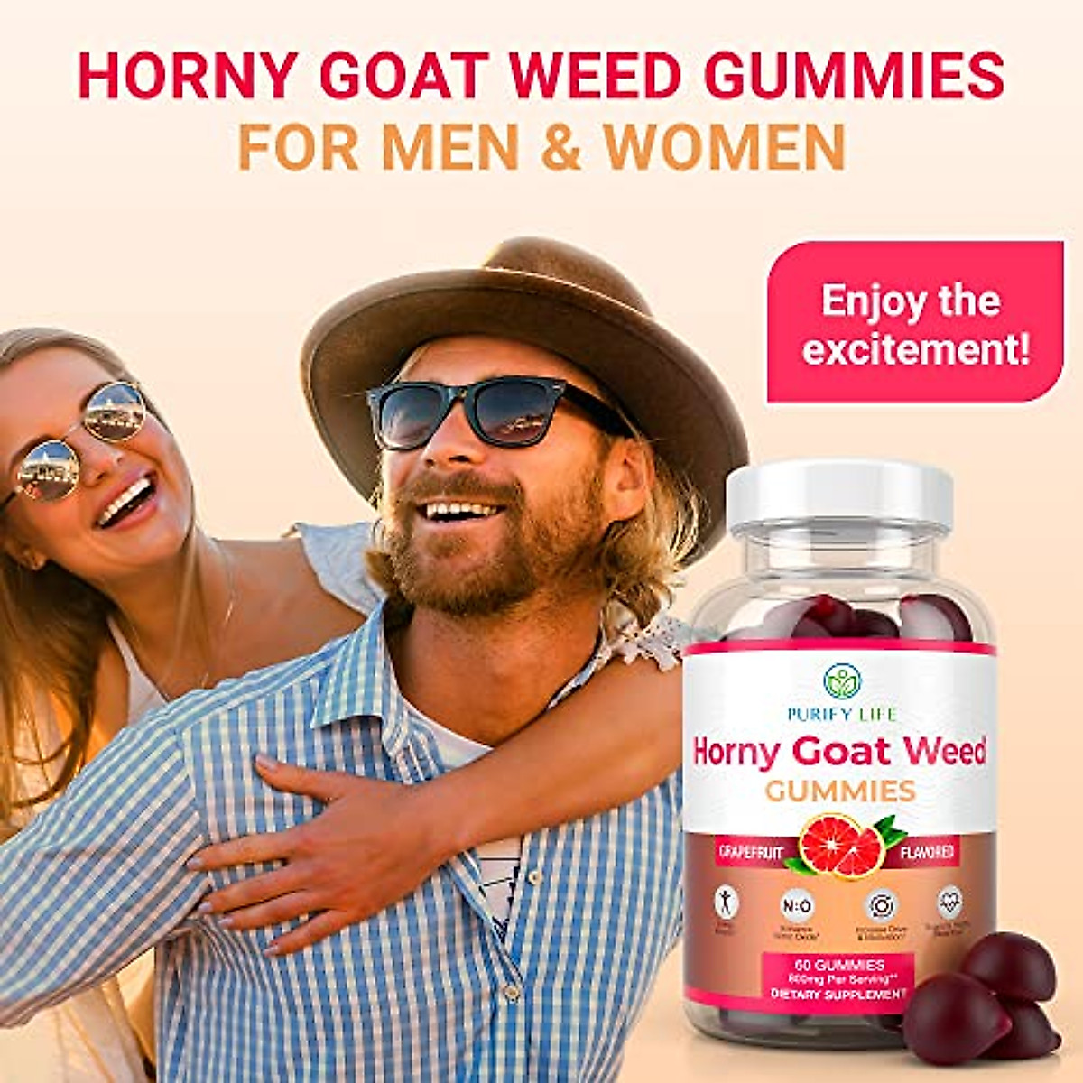 Potent Horny Goat Weed Gummies (60ct 800mg) Horny Goat Weed for Men & Women Epimedium Extract for Natural Energy Boost, Performance, Stamina, Drive - Natural Grapefruit Flavor [Upgraded Gummies]