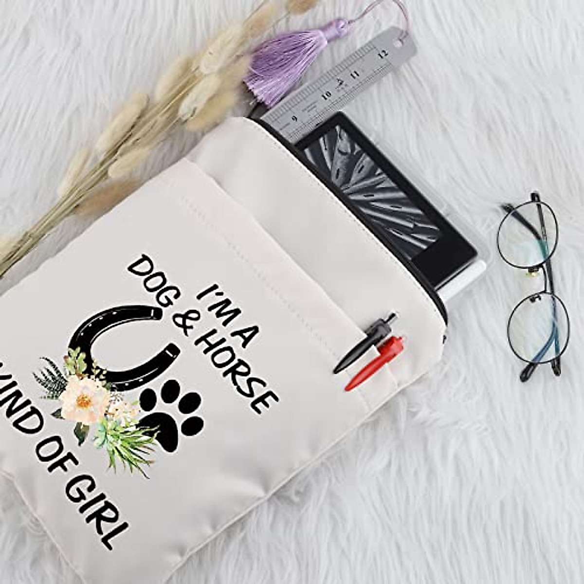 PLITI Dog Lover Book Sleeve Horse Lover Gift I'm A Dog and Horse Kind of Girl Paw Print Horseshoe Book Protector for Cowgirl (Dog Horse Girl BS)