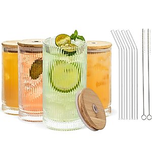 Ribbed Glass Cups With Lids And Straws, 16oz Drinking Glasses, Vintage Glassware Set of 4 Large, Origami Style Cocktail Glasses, Tumbler for Bar Beverages, Whiskey (4PCS-16 Oz With Lid And Straw)