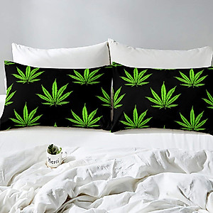 Erosebridal Marijuana Weed Leaves Bedding Set, Adult Cannabis Leaves Comforter Cover, Exotic Leaves Rustic Duvet Cover Twin Size, Soft Microfiber Bedspread Cover with Zipper Closure, Green Black