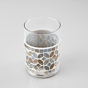 Madison Park Tesera Glass Bathroom Accessory Set, Stainless Steel Top, Handcrafted Mosaic Tiles, Vanity Décor, Lotion / Soap Dispenser with Pump, Tumbler, Covered Jar, Multi-Sizes, Silver/Gold 3 Piece