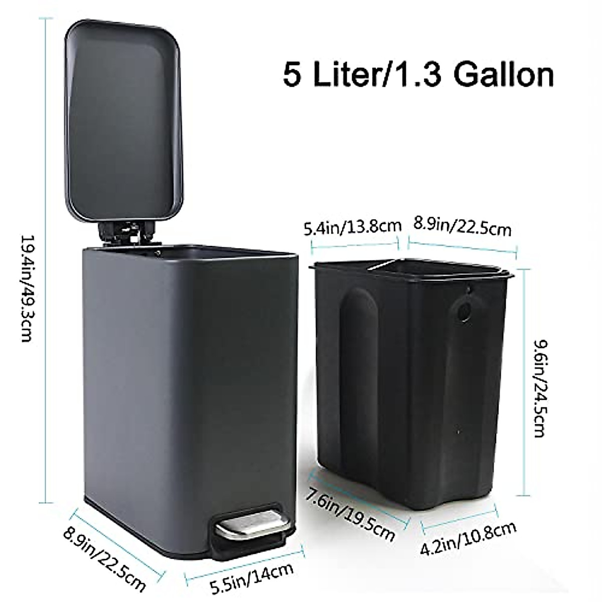 1.3 Gallon/5 Liter Small Trash Can with Lid Soft Close, Removable Inner Wastebasket, Rectangular Step Trash Can, Slim Garbage Can for Bathroom Bedroom Office, Anti-Fingerprint Matte Finish, Light Gray