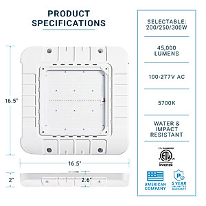 Parmida (4 Pack) LED Canopy Light, Wattage Selectable (200/250/300W), ETL, Dimmable, 100-277VAC, IP65 Waterproof, 5700K, 16.5” x 16.5”, Gas Station, Garage, Street, Outdoor Lighting, Commercial Grade