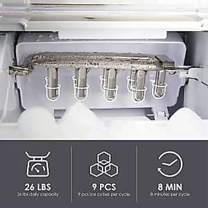 JALANTEK Counter top Ice Maker Machine with Self-Cleaning, 9 Ice Cubes Ready in 8 Minutes, 26lbs Bullet Ice Cubes in 24H, with Ice Scoop and Basket. Perfect for Home/Kitchen/Office.(Sliver)