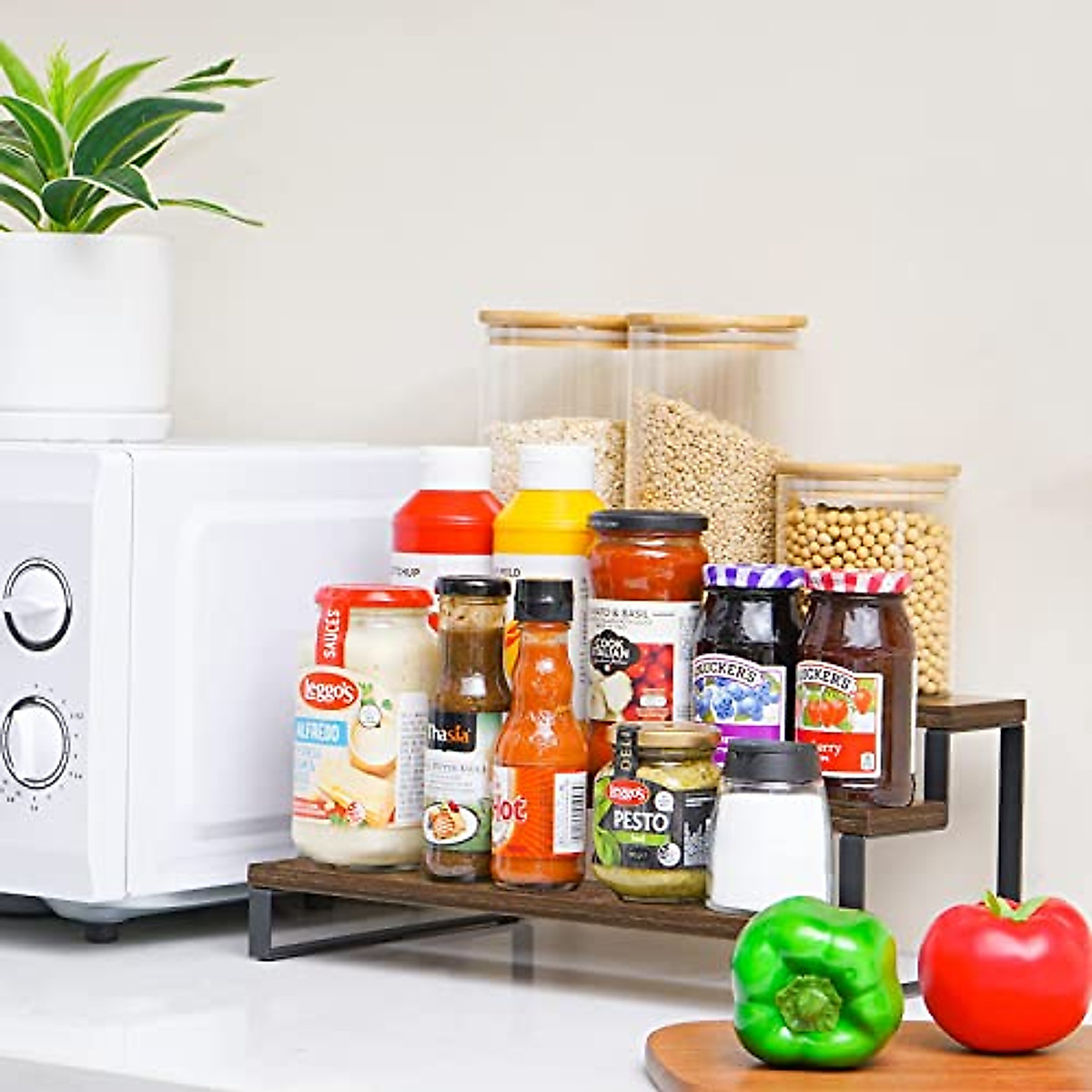 Giikin 3-Tier Spice Rack, 13.7 Inch Wood Step Shelf Countertop Spice Storage Holder, Kitchen Pantry Cabinet Organizer Cupboard for Spice Bottles, Jars, Seasonings, Baking Supplies, Metal Frame