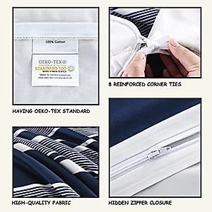 Duvet Cover Set - 100% Cotton,King Size,3 Piece Navy Striped , Simple Modern Farmhouse with Zipper Closure