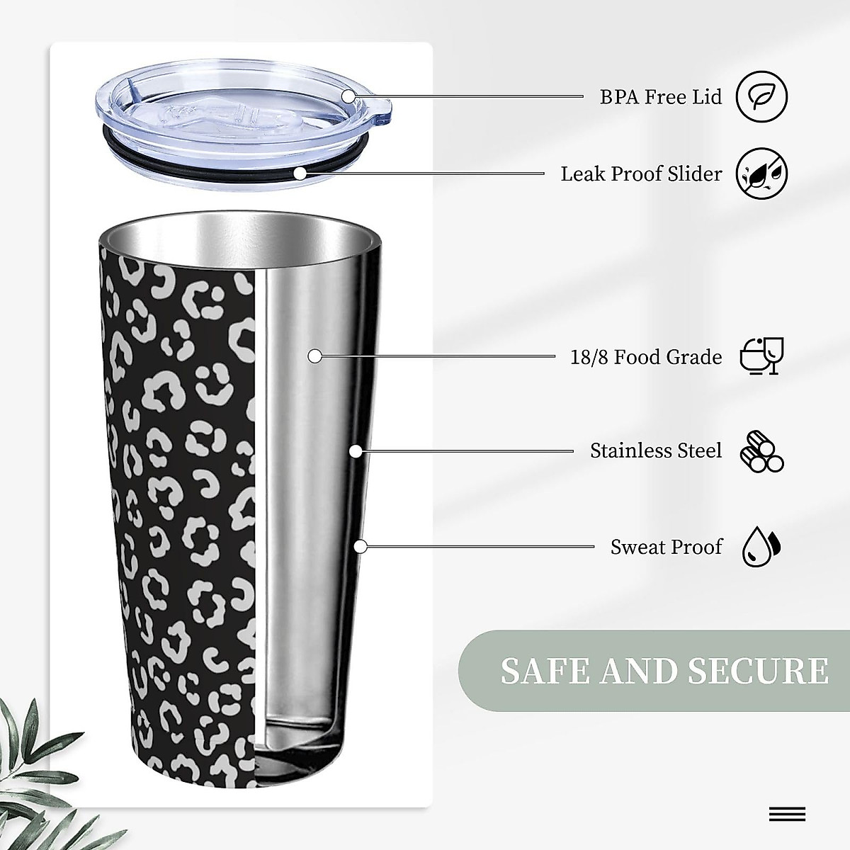 JASROTAO Black Leopard Tumbler, Animal Skin Print 20oz Stainless Steel Insulated Travel Tumbler,Travel Coffee Mug with Lid and Straw Cups Gifts for Women Men