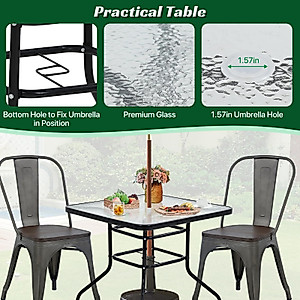 Dkelincs Outdoor Dining Table with Umbrella Hole 31.6" Square Patio Table Outdoor Furniture Garden Table Tempered Glass Patio Bistro Table for Balcony Backyard Lawn and Garden, Black