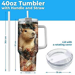 Hyturtle Personalized Capybara Gifts for Women, Floral 40oz Tumbler with Handle and Straw, Best Birthday Christmas Gifts Ideas for Girls, Friends Custom Name Stainless Steel Travel Cup With Lid