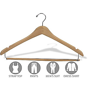 The Great American Hanger Company Curved Wood Suit Hanger w/Locking Bar, Box of 25 17 Inch Hangers w/Natural Finish & Chrome Swivel Hook & Notches for Shirt Dress or Pants