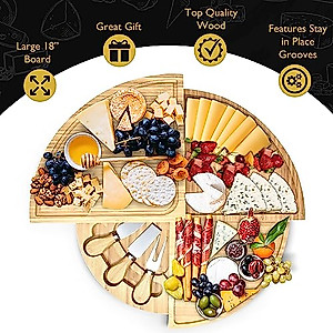 PERLLI Bamboo Cheese Board & Knife Set, Large Folding 18 Inch Round Wood Rotating Charcuterie Board Set Cheese Meat Wine Serving Tray Platter, Home Decor Holiday Gift Set