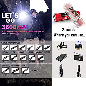 SNSYIY 3.7V Button Top Batteries USB Rechargeable Battery 3600mAh for Klarus Flashlight (XT11X, XT11GT, XT30R...) (2-Pack)