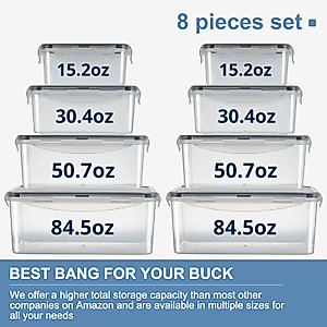 KITHELP Large Food Storage Containers Set - Pack of 16 (8 Containers & 8 Lids) 15-85 Oz Plastic Food Containers with Lids - Leak Proof & BPA-Free & Microwave, Dishwasher Safe for Kitchen Storage