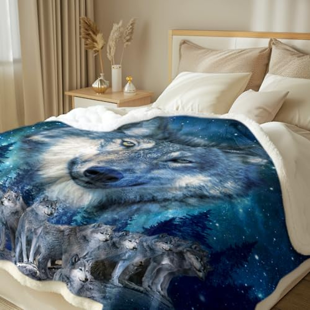 Sleepwish Wolf Blanket King Size Wolves Fleece Blanket Animal Blanket for Bed Soft Plush Sherpa Blanket Gifts for Adults Men Boys (108"x90")