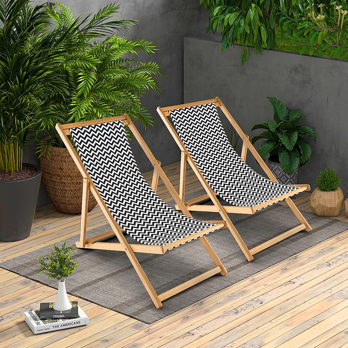 Giantex Patio Folding Camping Chair - Outdoor Sling Chair with 3 Adjustable Position, Breathable Canvas, Bamboo Lounge Chair for Outside, Porch, Deck, Poolside and Backyard, Portable Beach Chair (2)