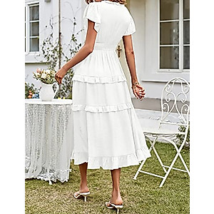 MEROKEETY Womens Summer Casual V Neck Ruffle Sleeve High Waist Smocked Flowy Midi Dress, White, M