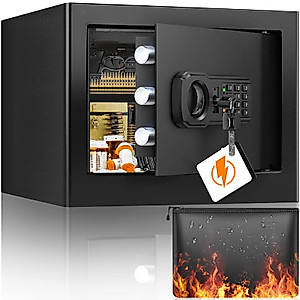 1.0 Cub Personal Safe for Home Use, Fireproof Combination Safe with Silent Mode Keypad and Spare Keys, Fire Proof Safe Box for Firearm Cash Jewelry Medicine Documents