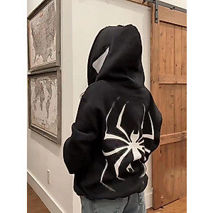 Obenie Y2k Spider Print Hoodies Hip Hop Zipper Long Sleeve Jacket Coats Harajuku Casual Loose Hooded Sweatshirt (white,L,Large)