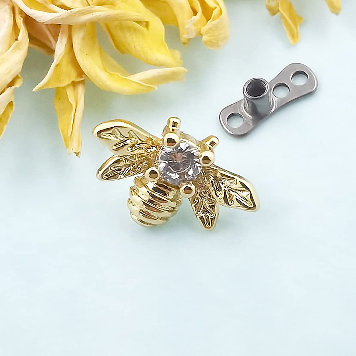Excepro 1Pcs Dermal Anchor G23 Titanium Multicolor Plated Bees CZ Body Jewelry Anchor Dermal Tops (Yellow gold plated)