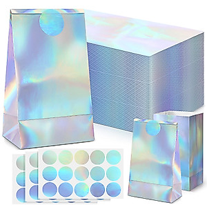 30 Pcs Iridescent Paper Gift Bag with Stickers Reusable Party Supplies Glitter Foil Holographic Paper Bag Candy Goodie Bag Gift Bags for Baby Shower Wedding Birthday Party Favors, 8.3 x 5 x 3 Inch
