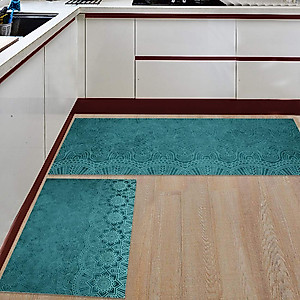 Z&L Home Kitchen Rugs and Mats Non Skid Set of 2 Piece Rubber Backing Floor Carpet Accent Area Runner Thin Low Pile Indoor Doormat Aqua Teal Indian Mandala Ethnic Floral Turquoise