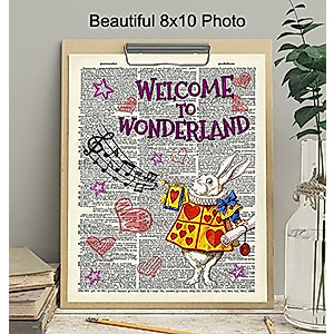 Alice Wonderland Art Print - White Rabbit Upcycled Dictionary Wall Art Poster for Nursery, Kids, Boys, Girls Room - Great Baby Shower Gift - 8x10 Unframed Photo