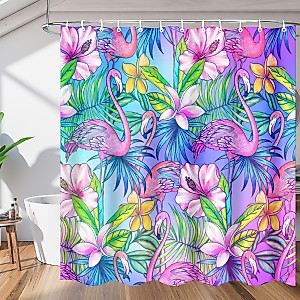 Aglebo Colorful Flamingo Shower Curtain Fabric Shower Curtain Set with 12 Hooks Water-Proof 72 * 72 Inches for Bathroom Beach Caravan Hotel