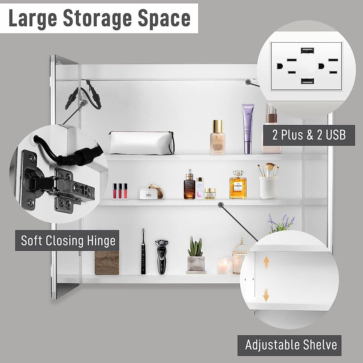 Pinikuyiro 32"x 28" Lighted Medicine Cabinet with Mirror, Wall Mounted Bathroom Mirror with Storage, 2 Doors Bathroom Wall Cabinet with LED Lights (White)